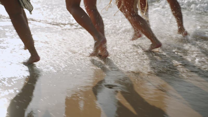 Barefoot Group Caucasian Men Women Legs Feet Run On Sunny Tropical