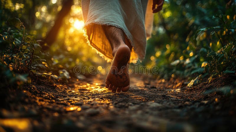 Barefoot Journey through Sunlit Forest Path at Sunset Stock Photo ...