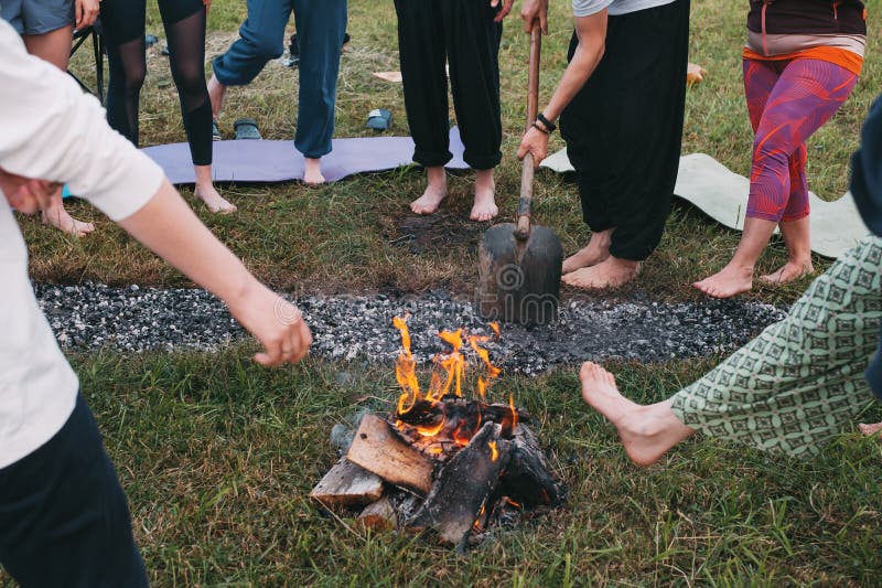 Barefoot Person Coal Walking or Fire Walking on Hot Embers Stock Photo ...