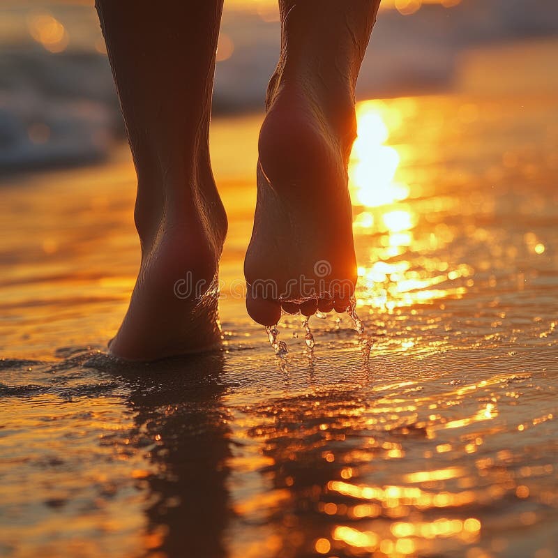 Barefoot Steps on a Beach at Sunset with Ocean Waves. Stock Photo ...