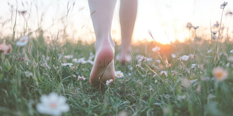 Barefoot Walk through Flowered Meadow Stock Illustration - Illustration ...