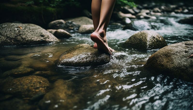 Barefoot Woman Standing on Rock, Enjoying Nature Generated by AI Stock ...