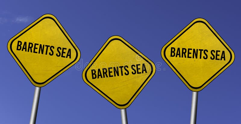 Barents Sea - Three Yellow Signs with Blue Sky Background Stock ...