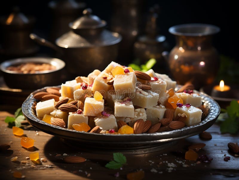 Traditional Barfi Dessert and Lighted Diya To Celebrate Diwali, Vector ...