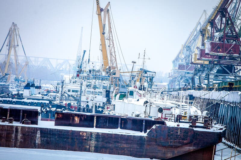 Barge in Cargo Port at Winter Stock Image - Image of crane, harbor ...