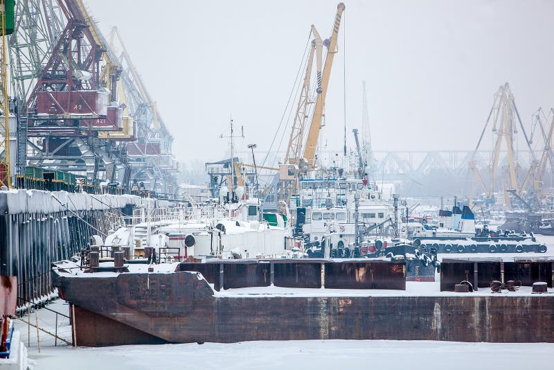 Barge in Cargo Port at Winter Stock Image - Image of moorage, harbour ...