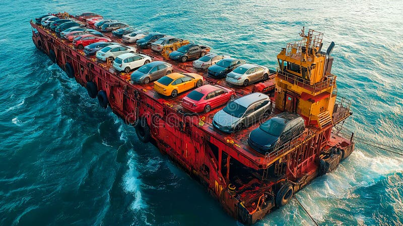 A Barge Carrying Many Cars by Sea Stock Illustration - Illustration of ...