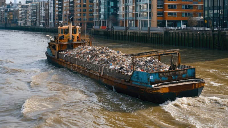 A Barge Full of Garbage Floating on a River. Suitable for Environmental ...