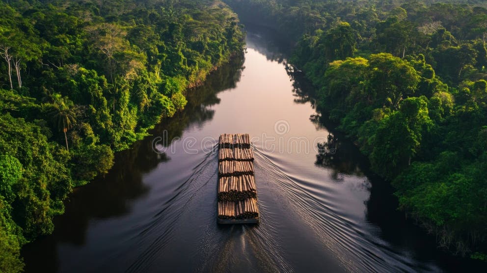 A Barge Loaded with Logs Navigates a River through Dense Amazon ...