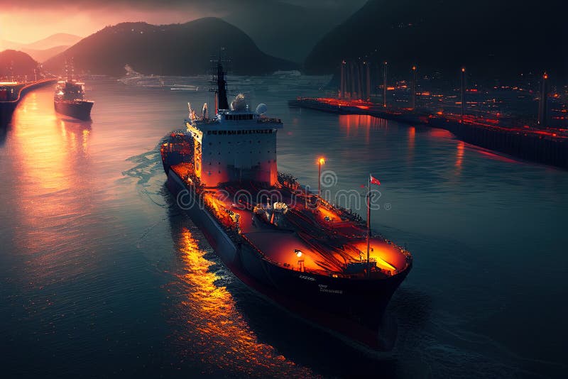 Barge in the Port at Sunset. Generative AI Stock Illustration ...