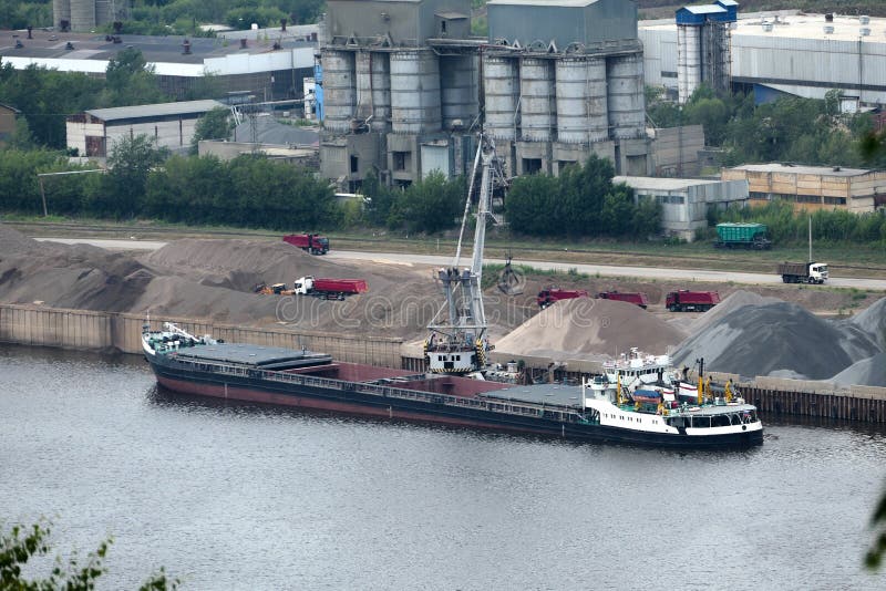 Barge on the River Unloading River Sand from a Barge Navigable River ...