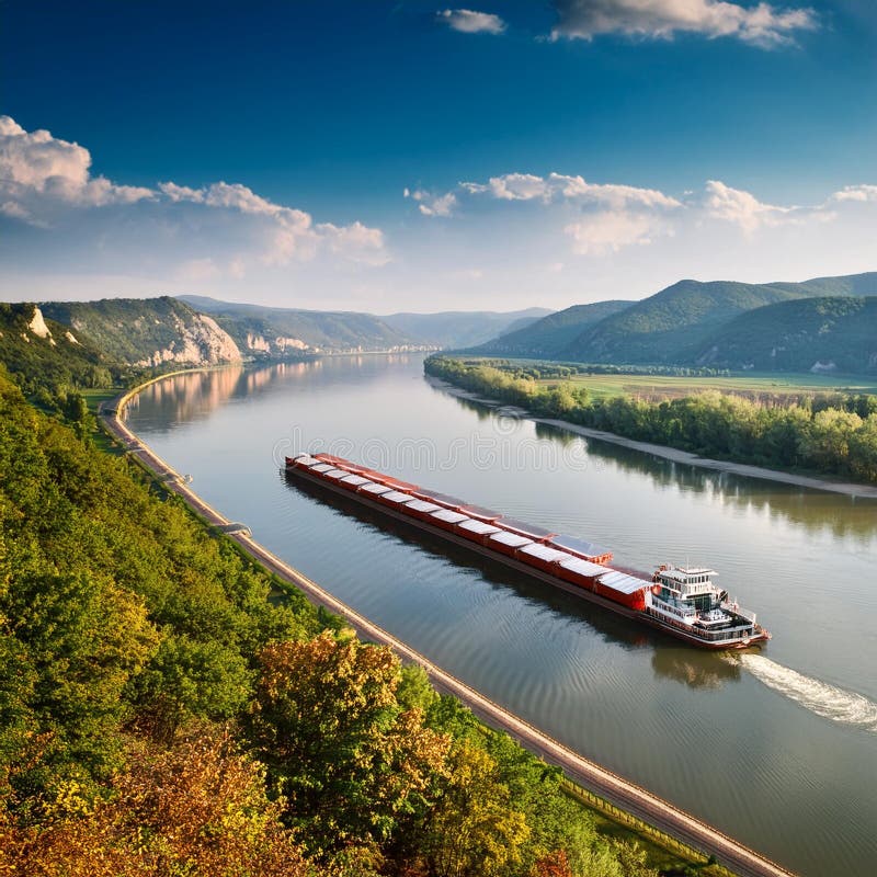 Barge ship, AI generated stock illustration. Illustration of river ...