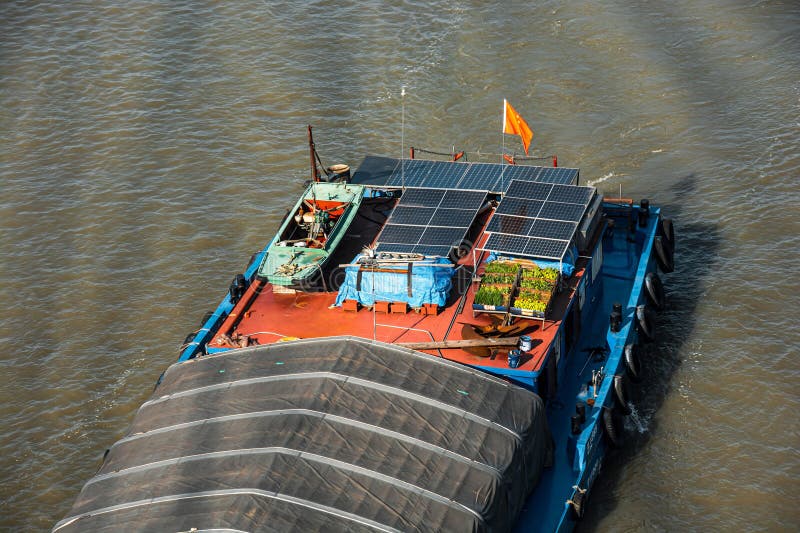 Barge with Solar Panels and Plants on River Stock Image - Image of ...