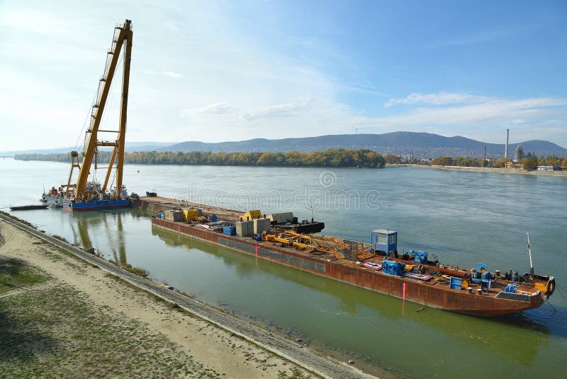 Barges with Construction Equipment Stock Photo - Image of ship ...