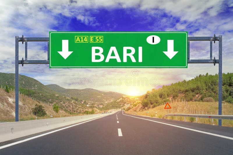 Bari road sign on highway stock image. Image of destination - 101408893
