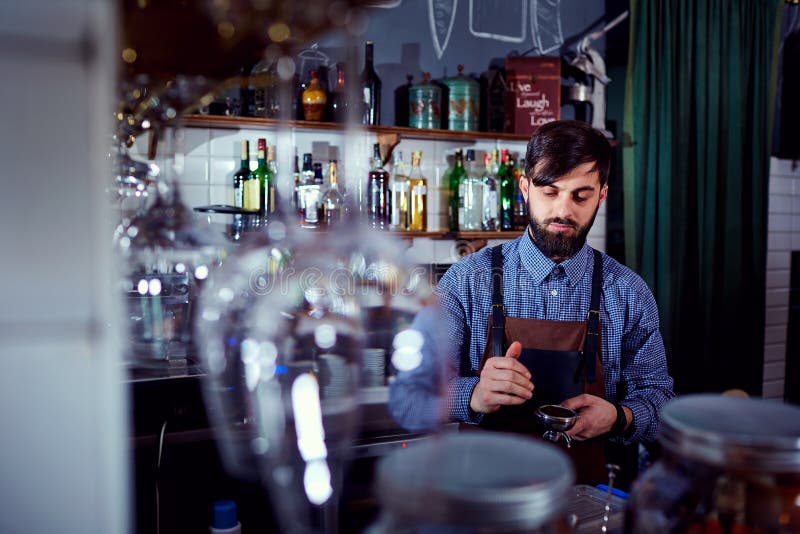 Barista Bartender Makes Coffee at the Bar in the Restaurant Stock Image ...