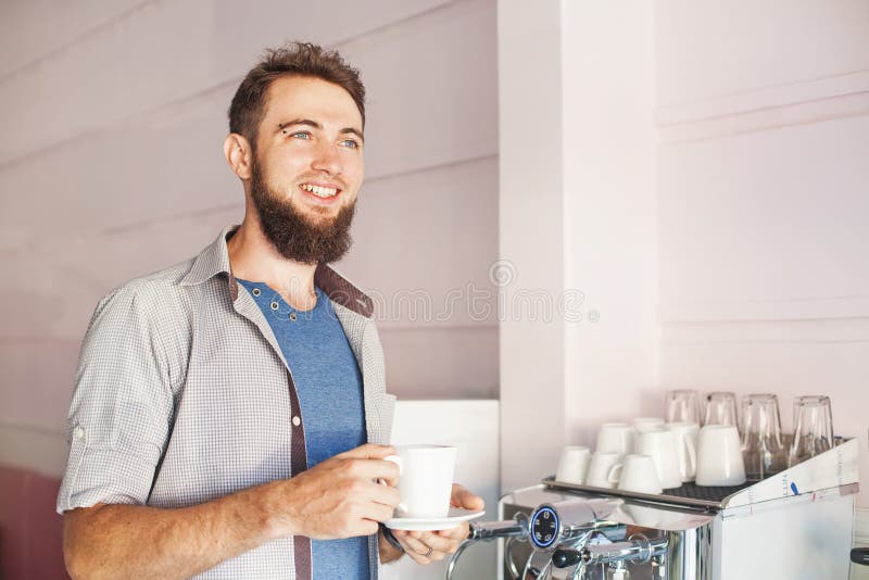 Barista with Beard Making Coffee in a Cafe Stock Image - Image of ...