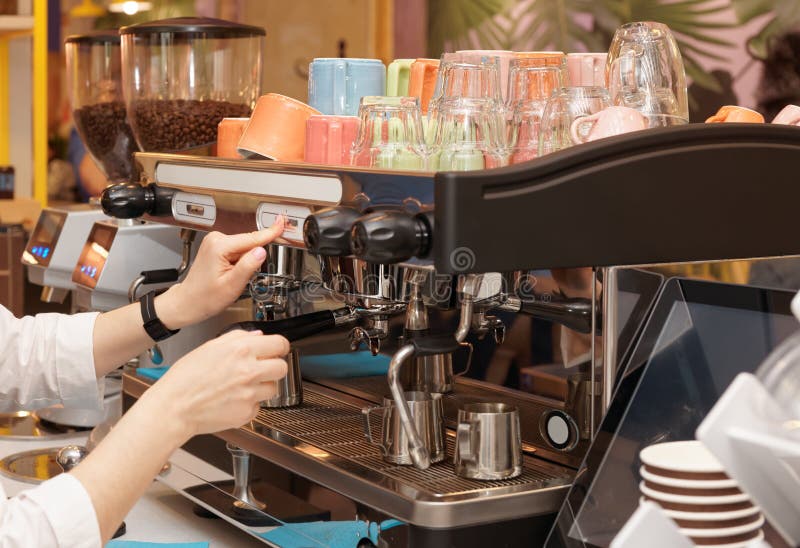 Barista Brewing Coffee Using Espresso Machine Stock Photo - Image of ...
