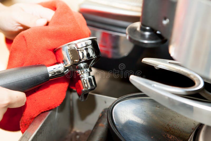 Barista Cleaning Portafilter Stock Photo - Image of machine, coffee ...