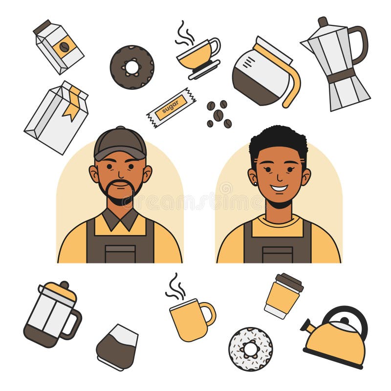 Barista Coffee Element in Flat Line Color Illustration Set Stock Vector ...