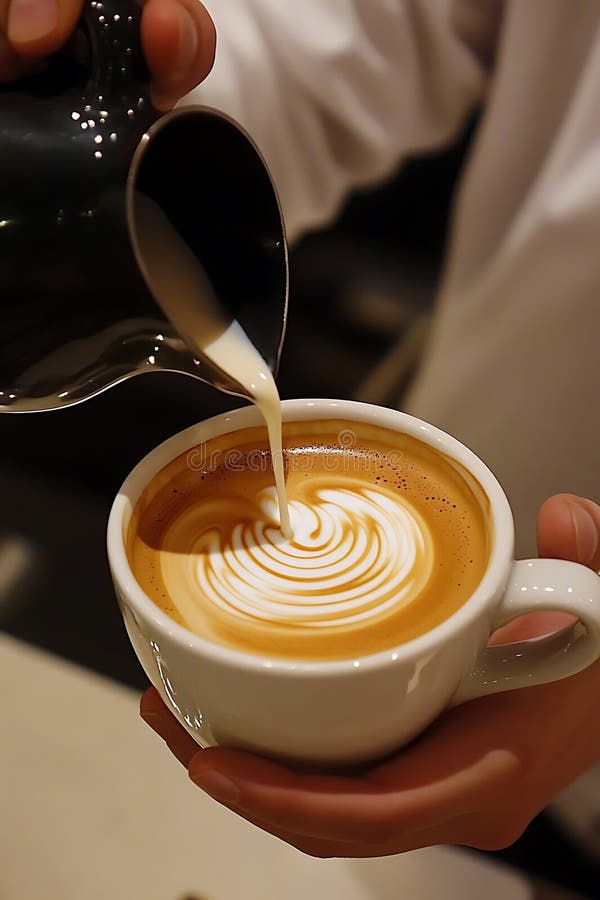 Barista Creating Perfect Latte Art Pattern while Pouring Steamed Milk ...