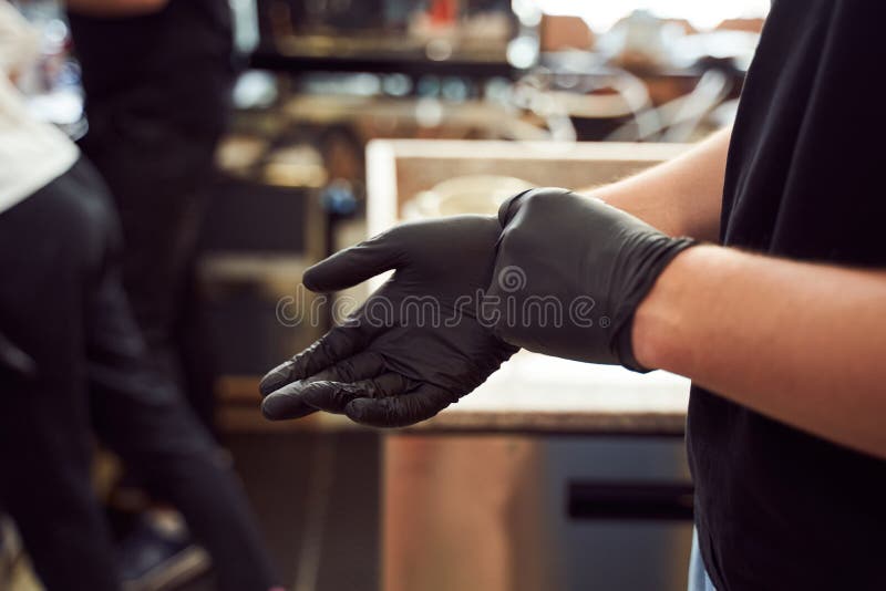 Barista Hands in Black Gloves Stock Image - Image of gloves, house ...