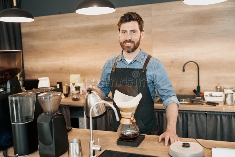 Man Barista Making Filter Coffee in Cafeteria Stock Image - Image of ...