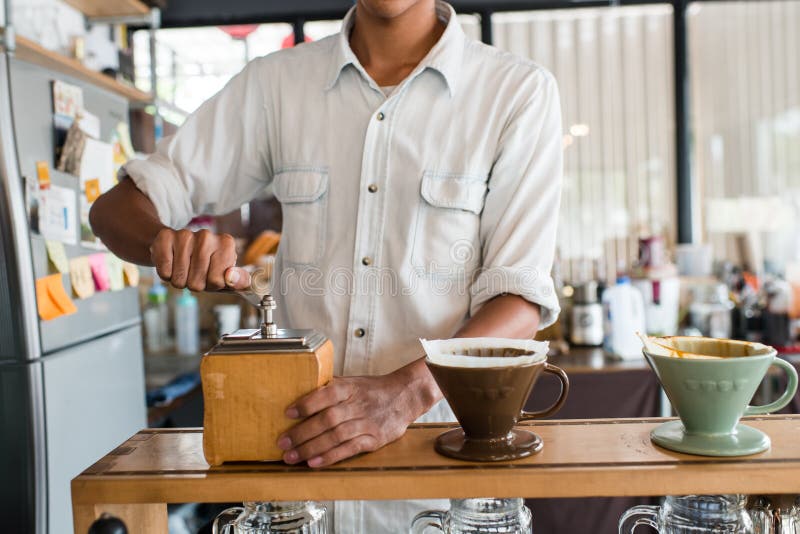 Barista Make Coffee Grinder. Stock Photo - Image of java, filter: 73600486