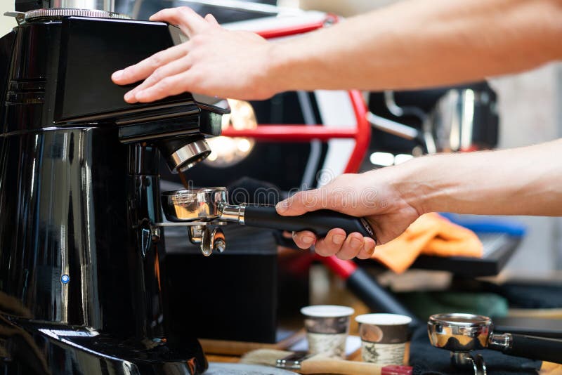 Barista Makes Coffee in a Coffee Machine Stock Photo - Image of ...