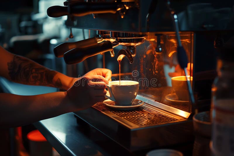 Barista Makes Coffee for Customers at Cafe or Restaurant. Stock Photo ...