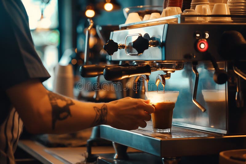 Barista Makes Coffee for Customers at Cafe or Restaurant. Stock Photo ...