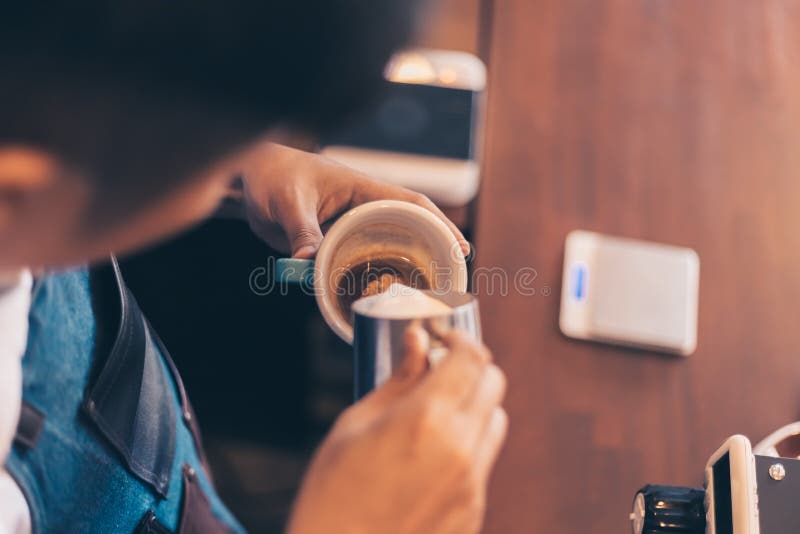 Barista Making Cappuccino, Bartender Prepare Coffee Drink at Coffee ...