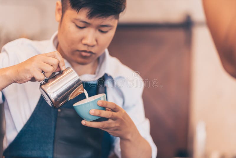 Barista Making Cappuccino, Bartender Prepare Coffee Drink at Coffee ...