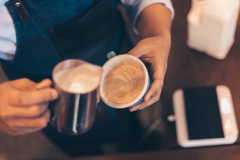 Barista Making Cappuccino, Bartender Prepare Coffee Drink at Coffee ...
