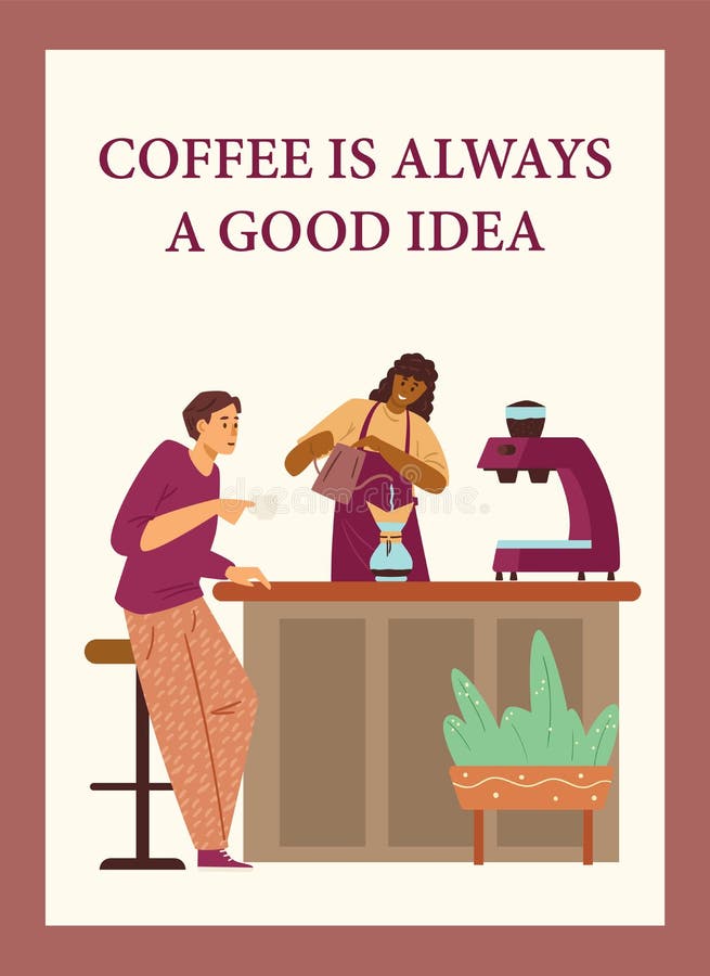 Barista Making Coffee and Customer Drinks it, Poster Template - Flat ...