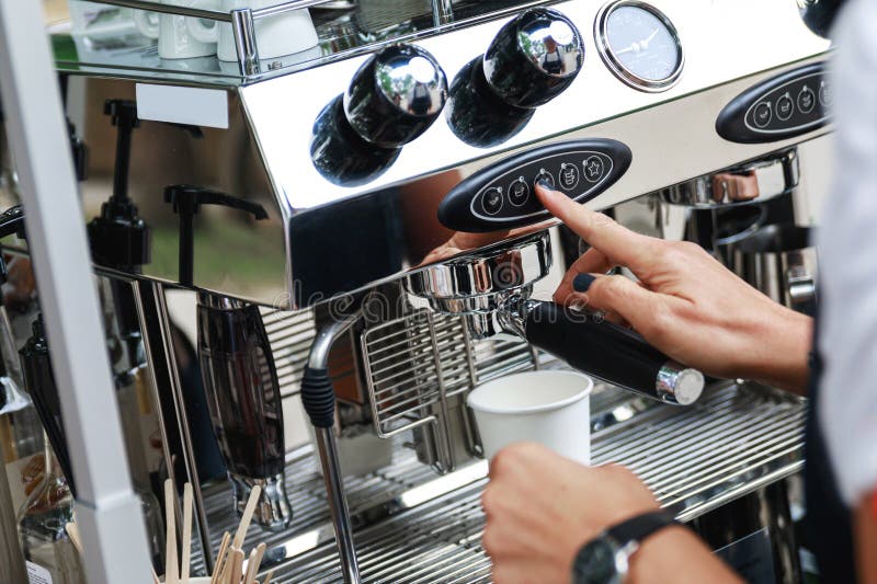 Barista Making Coffee Using Professional Espresso Machine Stock Image ...
