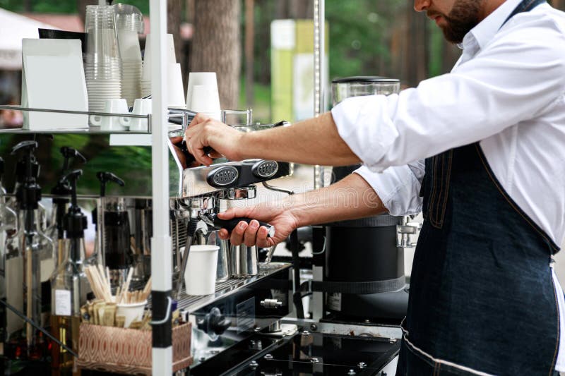 Barista Making Coffee Using Professional Espresso Machine Stock Image ...