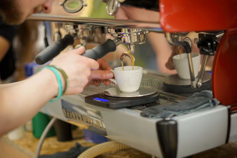Barista Making Fresh Aromatic Coffee Espresso, Hands of Bartender ...