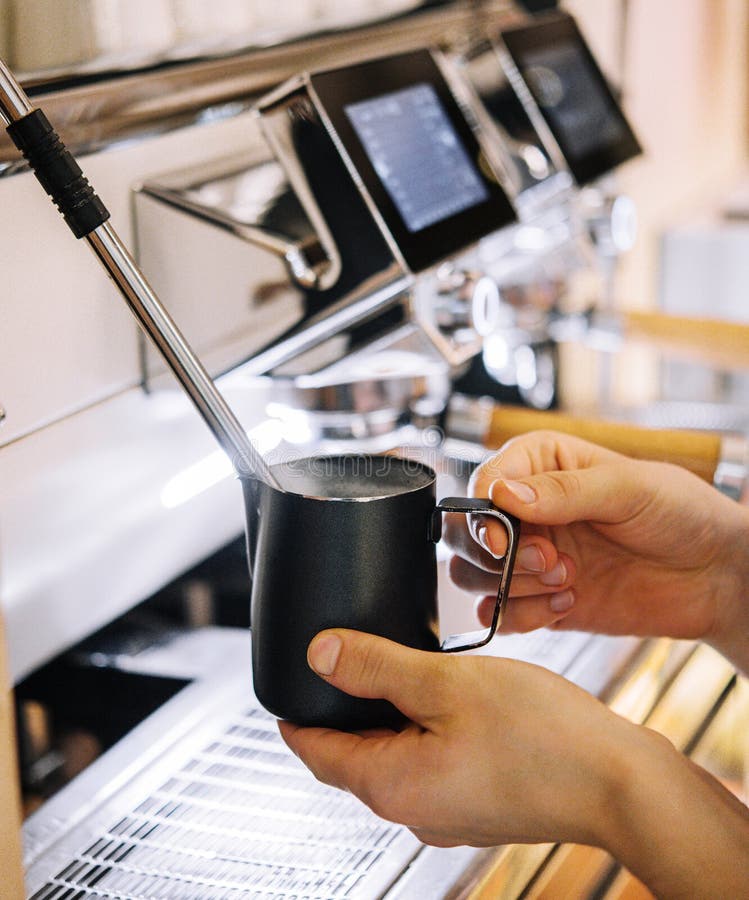 Barista Making Milk Foam in the Metal Cup Stock Photo - Image of design ...