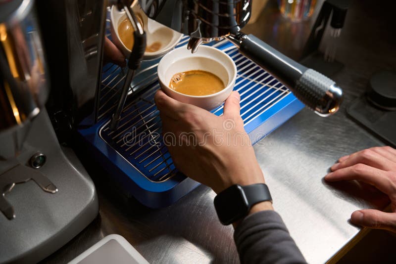 Barista Pouring Espresso Using Coffee Machine for Brewing Hot Beverage ...