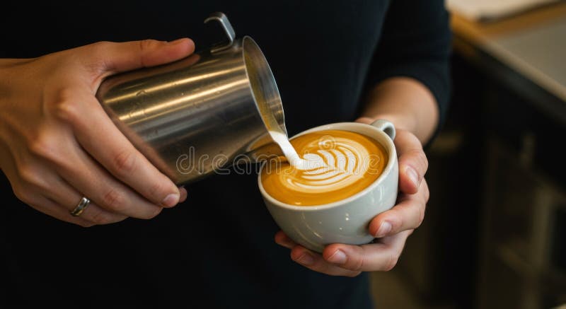 Barista Pouring Milk into Coffee Creating Latte Art Stock Illustration ...