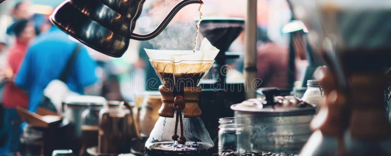 Barista Pouring Water into Coffee Dripper in Modern Cafe. Stock Image ...