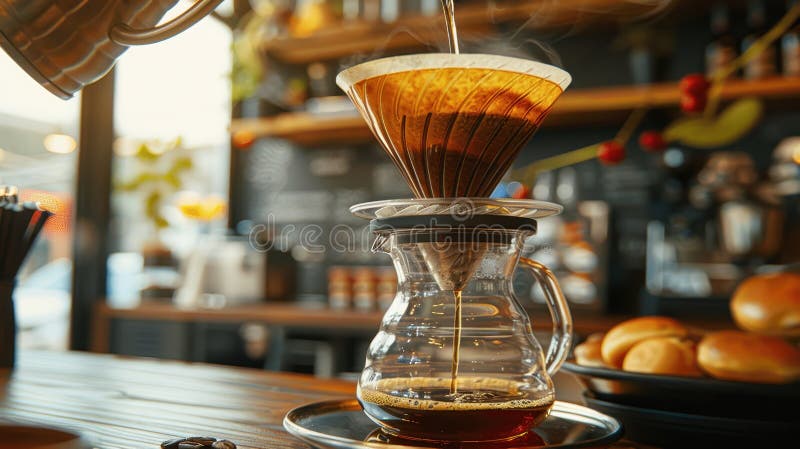 Barista Pouring Water into Coffee Dripper in Modern Cafe. Stock Photo ...