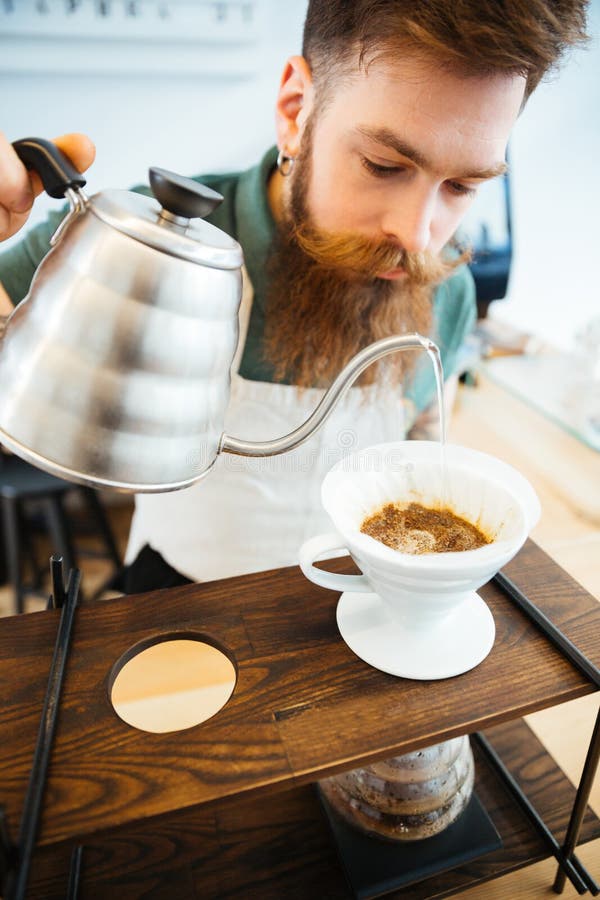 Barista Pouring Water into Coffee Filter Stock Image - Image of counter ...