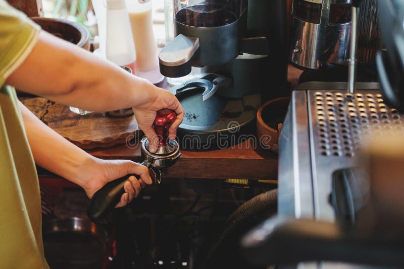 Barista Presses Ground Coffee Using Tamper Stock Image - Image of ...
