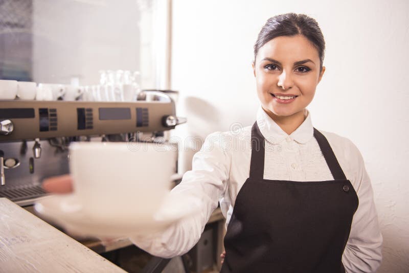 Barista Woman Offers Cappuccino in Cafe. Stock Photo - Image of ...