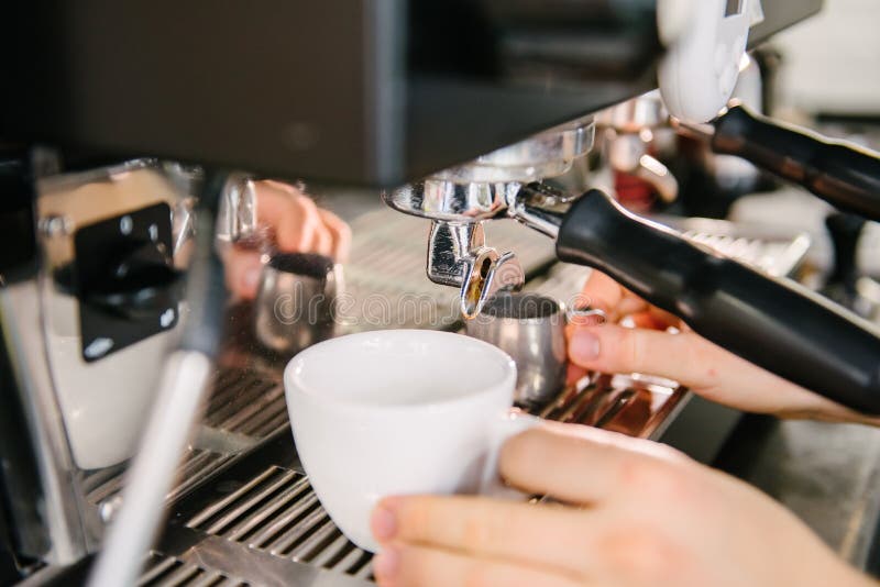 The Barista Puts a White Cup Under the Holden Coffee Machine. Going To ...