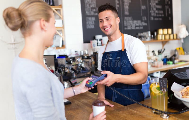 Barista Serving Customer in Coffee Shop Stock Image - Image of card ...