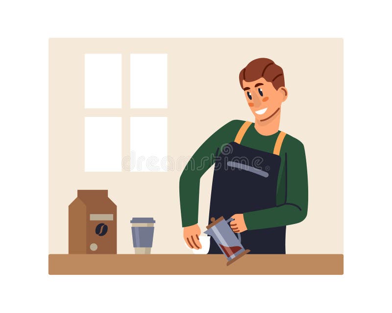 Barista in Uniform Holding Coffee Maker, Preparing Order for Client ...