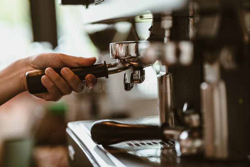 Barista Use Coffee Machine with Bottomless Filter. Coffee Maker Concept ...